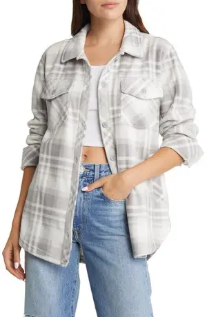 THREAD & SUPPLY Plaid Polar Fleece Shacket - Light Grey White Plaid