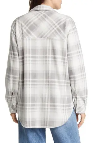 THREAD & SUPPLY Plaid Polar Fleece Shacket - Light Grey White Plaid