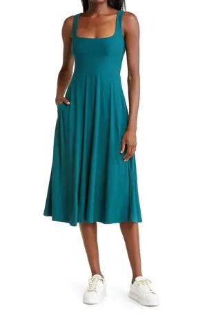 Beyond Yoga Featherweight Square Neck Midi Dress - Deep Sea Heather