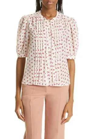 Rebecca Taylor Emmy Floral Print Pleated Silk Blouse
