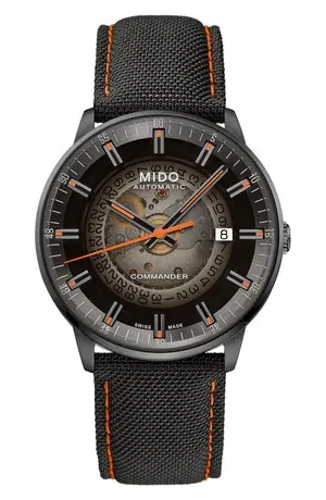 MIDO Commander Gradient Skeletal Automatic Canvas Strap Watch Silver/ Black