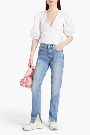 GANNI Organic Cotton Tieback Wrap Top With Gathered Sleeves