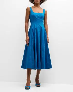 Staud Wells Square-neck Corset Midi Dress Island Blue