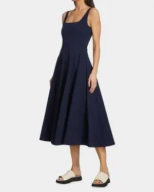 Staud Wells Square-neck Corset Midi Dress Navy