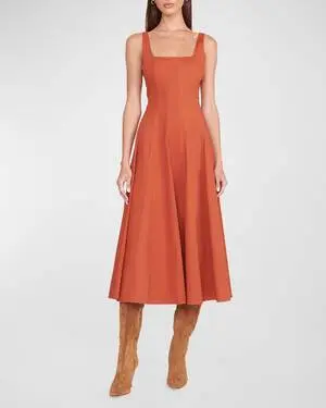Staud Wells Square-neck Corset Midi Dress Spice