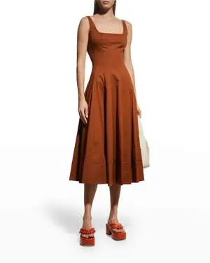 Staud Wells Square-neck Corset Midi Dress Tan