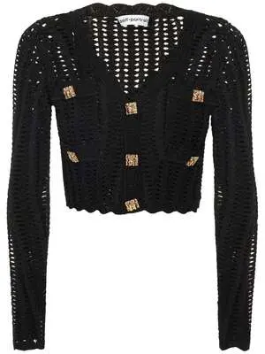 SELF-PORTRAIT Crochet Open Knit Viscose Blend Cardigan - Black