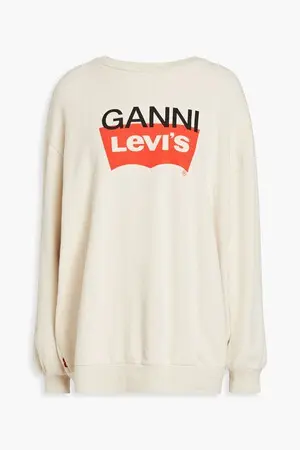 GANNI Logoprint French Cottonblend Terry Sweatshirt - Ecru
