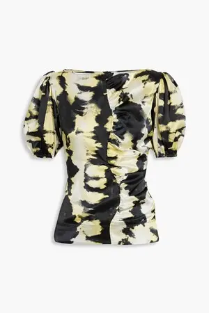 GANNI Gathered Printed Silkblend Top - Yellow