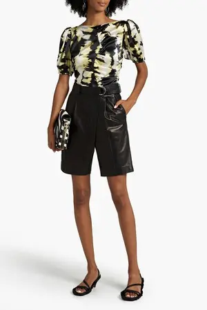 GANNI Gathered Printed Silk-blend Top