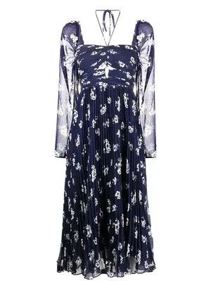 SELF-PORTRAIT Pansy-print Pleated Midi Dress - Blue