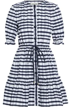 Saloni Billie Tiered Checked Seersucker Mini Dress - Navy