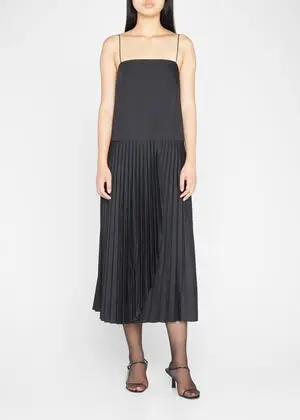 Tibi Pleated Dropped-Waist Midi Dress In Black - 75% Off