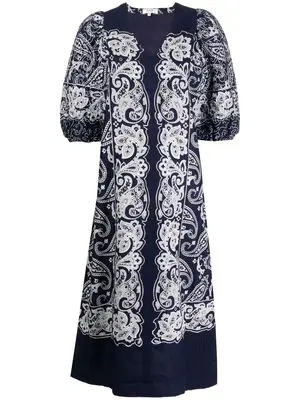 Sea Paisley-print Puff-sleeve Midi Dress - Blue