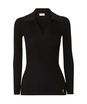 Saint Laurent Embellished Ribbed-knit Polo Sweater - Black