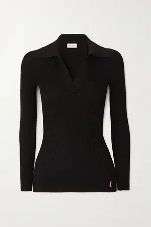 Saint Laurent Embellished Ribbed-knit Polo Sweater - Black