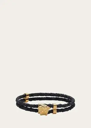 Versace Medusa Two-row Braided Leather Bracelet - Black
