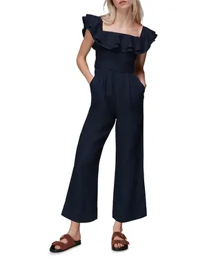 Whistles Linen Bardot Jumpsuit - Navy
