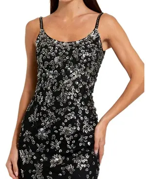 Mac Duggal Floral Beaded Gown - Black Silver