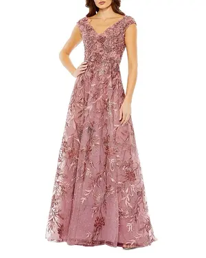 Mac Duggal Embroidered Illusion Cap-sleeve A-line Gown - Cinnamon