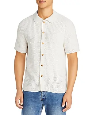 Vince Crochet Button Front Short Sleeve Shirt Bone
