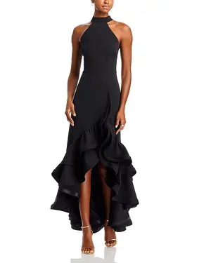 Aqua Racerback Ruffle Hem Gown - Black