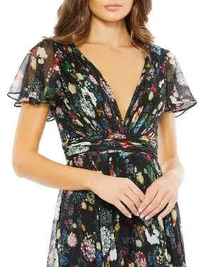 Mac Duggal Floral Plunge Neck Gown