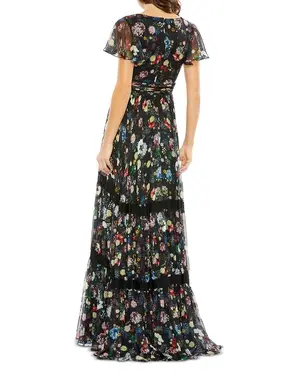 Mac Duggal Floral Plunge Neck Gown