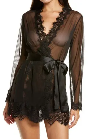OH LA LA CHERI Lace Trim Mesh Robe & G-string Set - Black