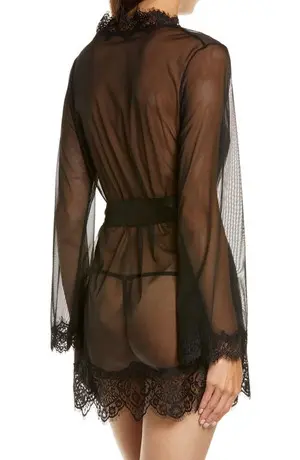 OH LA LA CHERI Lace Trim Mesh Robe & G-string Set - Black