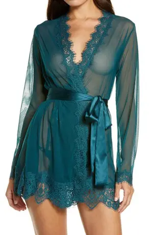 OH LA LA CHERI Lace Trim Mesh Robe & G-string Set Deep Teal