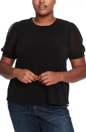 CECE DUPRAZ Puff Sleeve Mixed Media Top - Rich Black