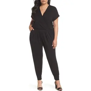Loveappella Short Sleeve Wrap Top Jumpsuit - Black