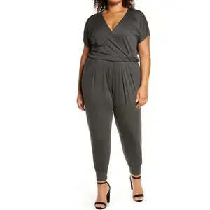 Loveappella Loveappella Short Sleeve Wrap Top Jumpsuit Charcoal