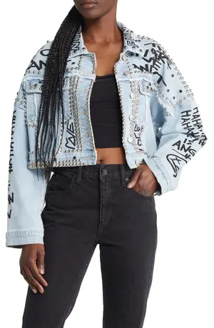 AZALEA WANG Grafitti Studded Cotton Denim Jacket