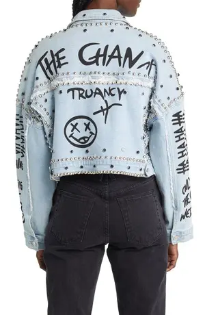 AZALEA WANG Grafitti Studded Cotton Denim Jacket