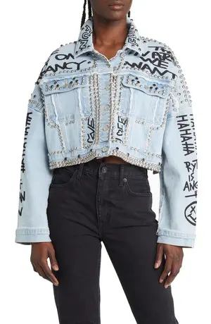 AZALEA WANG Grafitti Studded Cotton Denim Jacket