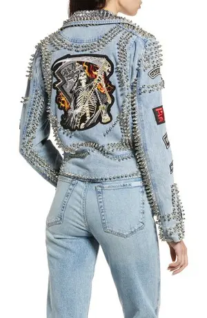 AZALEA WANG Spike Patch Embellished Belted Denim Moto Jacket