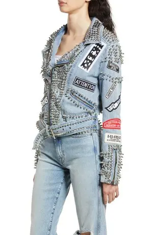 AZALEA WANG Spike Patch Embellished Belted Denim Moto Jacket
