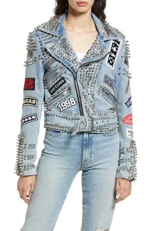 AZALEA WANG Spike Patch Embellished Belted Denim Moto Jacket