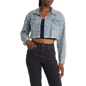 AZALEA WANG Studded Distressed Crop Cotton Denim Trucker Jacket