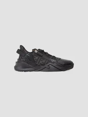 Fendi Flow Vitello Leather & Tonal Logo Jacquard Sneakers - Black