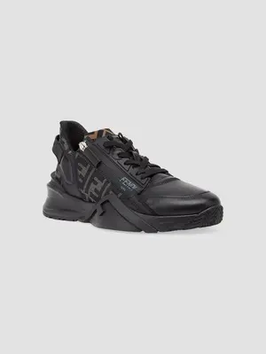 Fendi Flow Vitello Leather & Tonal Logo Jacquard Sneakers - Black