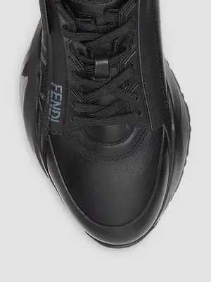 Fendi Flow Vitello Leather & Tonal Logo Jacquard Sneakers - Black