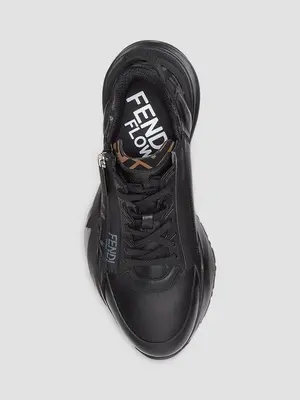 Fendi Flow Vitello Leather & Tonal Logo Jacquard Sneakers - Black