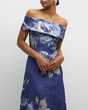 Rickie Freeman For Teri Jon Rickie Freeman For Teri Jon Metallic Flower Jacquard Gown Blue Multi