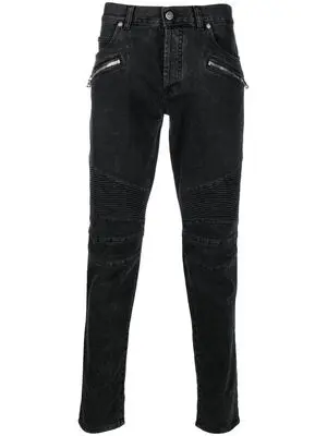 Balmain Washed Stretch Cotton Ribbed Knee Skinny Jeans - Black
