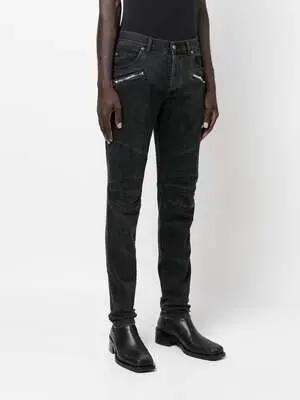 Balmain Washed Stretch Cotton Ribbed Knee Skinny Jeans - Black