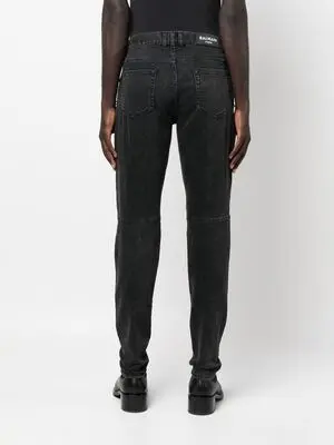 Balmain Washed Stretch Cotton Ribbed Knee Skinny Jeans - Black