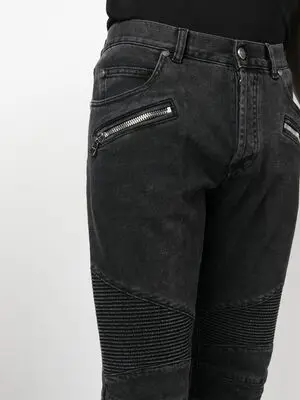 Balmain Washed Stretch Cotton Ribbed Knee Skinny Jeans - Black